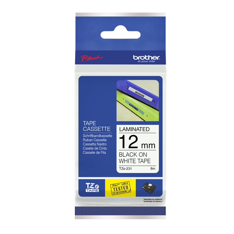 Cinta para rotuladora Brother TZe-231, laminada de 12mm. letra negra ...